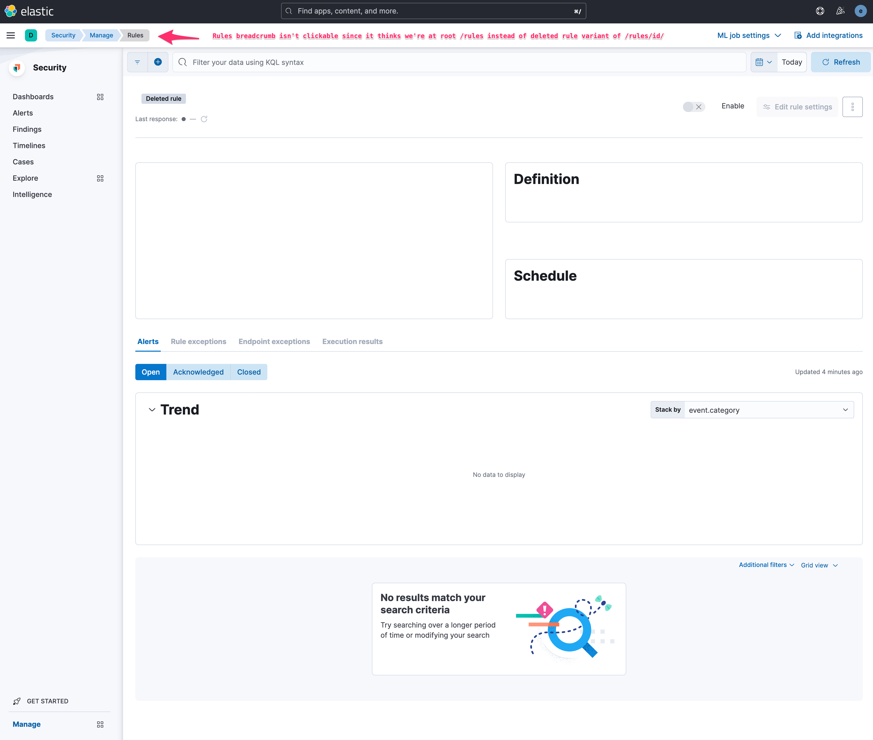 [Security Solution] Rule Details navigation breadcrumb for missing Rules doesn't allow ...