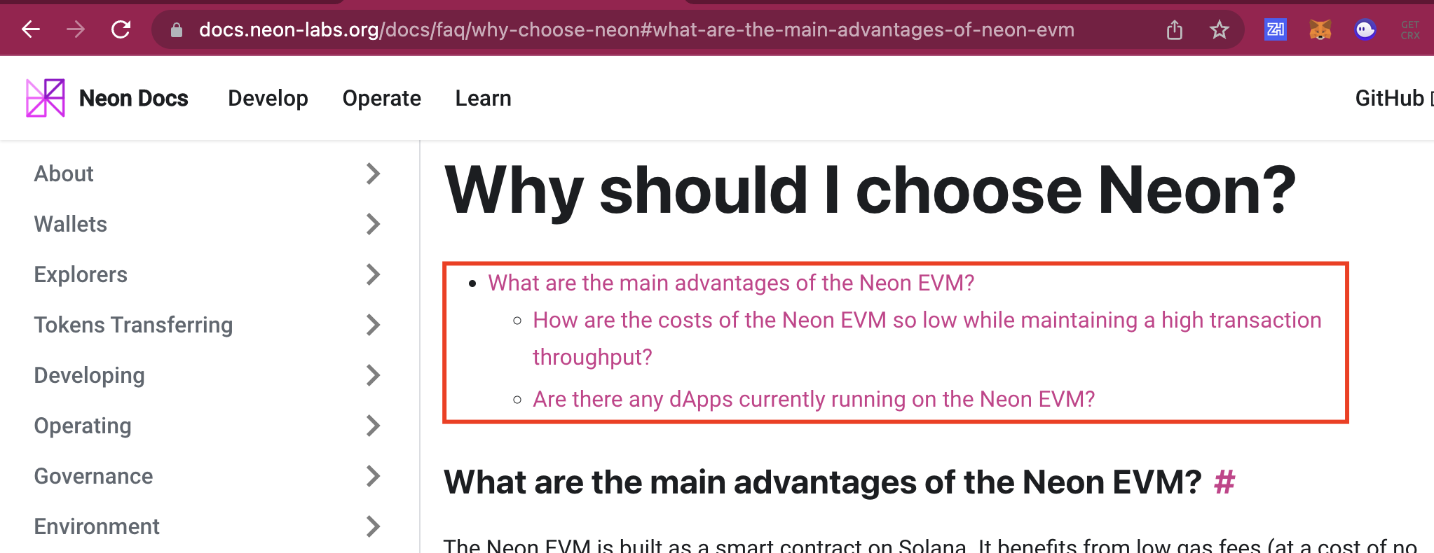 Links on the 'https://docs.neon-labs.org/docs/faq/why-choose-neon#are-there-any-dapps-currently ...