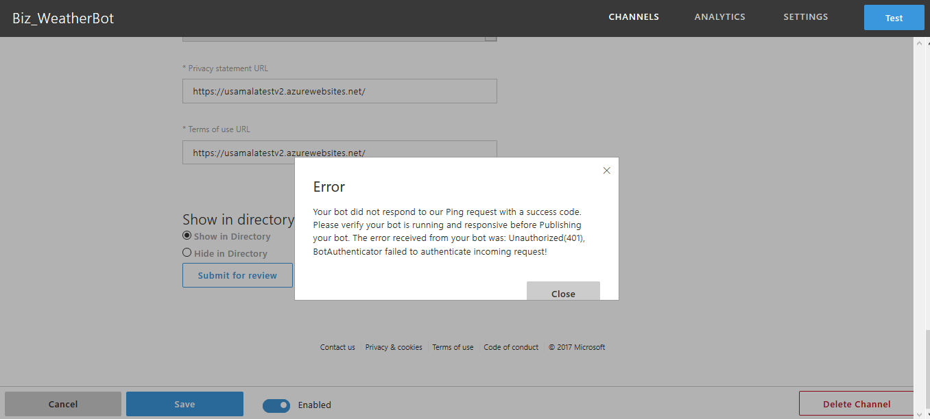 [Skype] I am trying to publish my demo bot to Skype Channel, by I am getting an error: · Issue ...