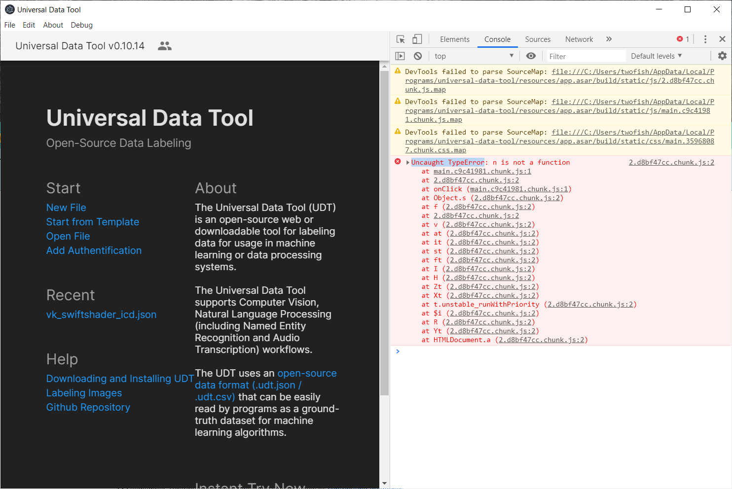 Uncaught TypeError for Desktop app (win10) · Issue #188 · UniversalDataTool/universal-data-tool ...