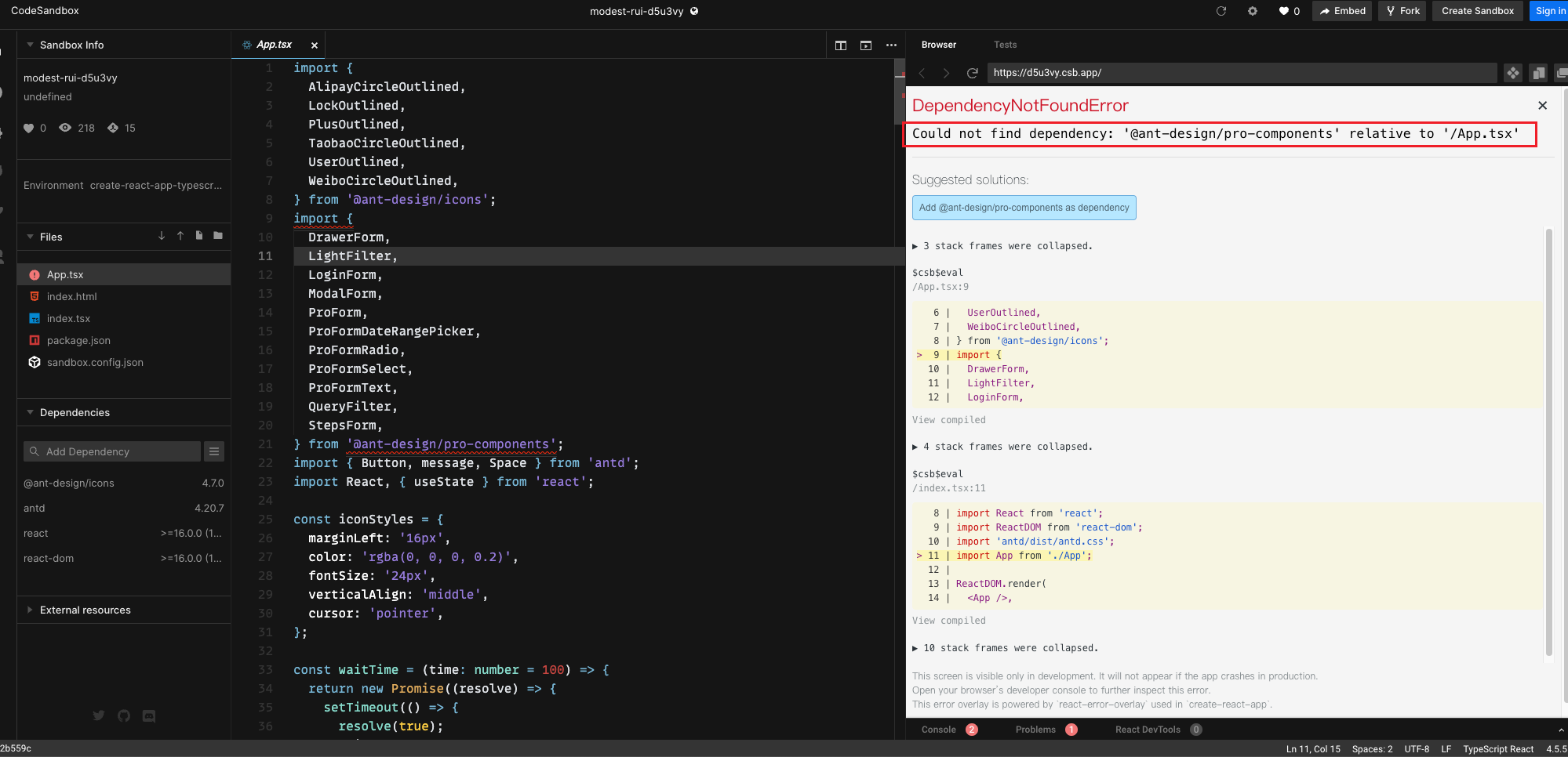 Bug Could Not Find Dependency Ant Design Pro Components Relative To App Tsx 🐛[bug