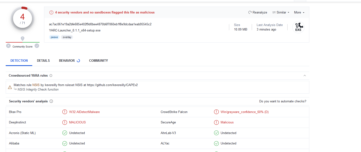 Windows Defender flags YARC-launcher as Trojan:Script/Wacatac.H!ml · Issue #21 · YARC-Official ...