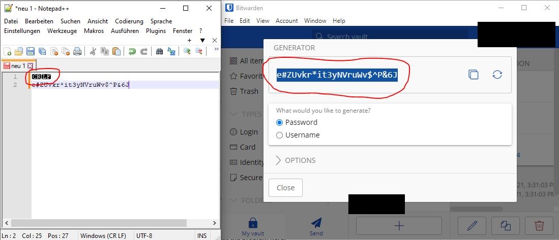 Manually marking and copying the password in the generator inserts a line break character (CR LF ...