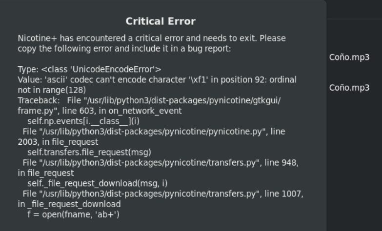 Downloading A File That Contains ñ Character Crashes The App · Issue 2191 · Nicotine Plus 