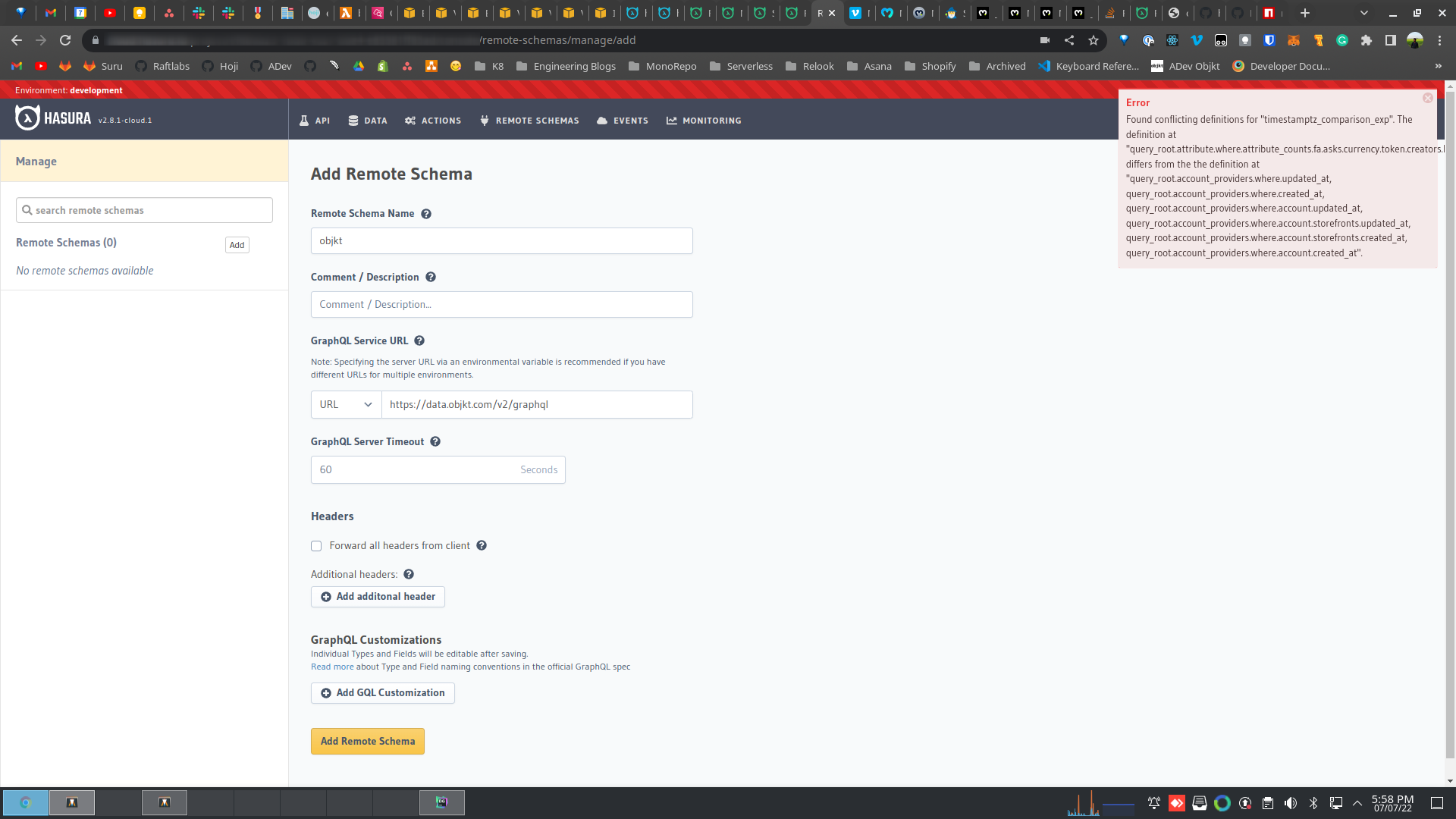 Remote Schema - Adding new schema failing with conflict error timestamptz_comparison_exp · Issue ...