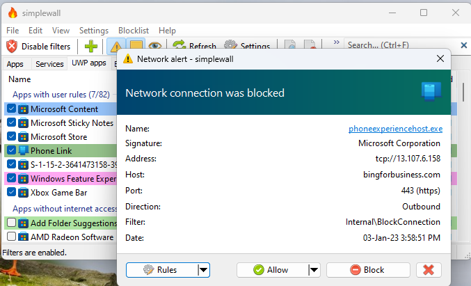 [Bug] Phone Link app is allowed in UWP apps but still gets blocked · Issue #1353 · henrypp ...