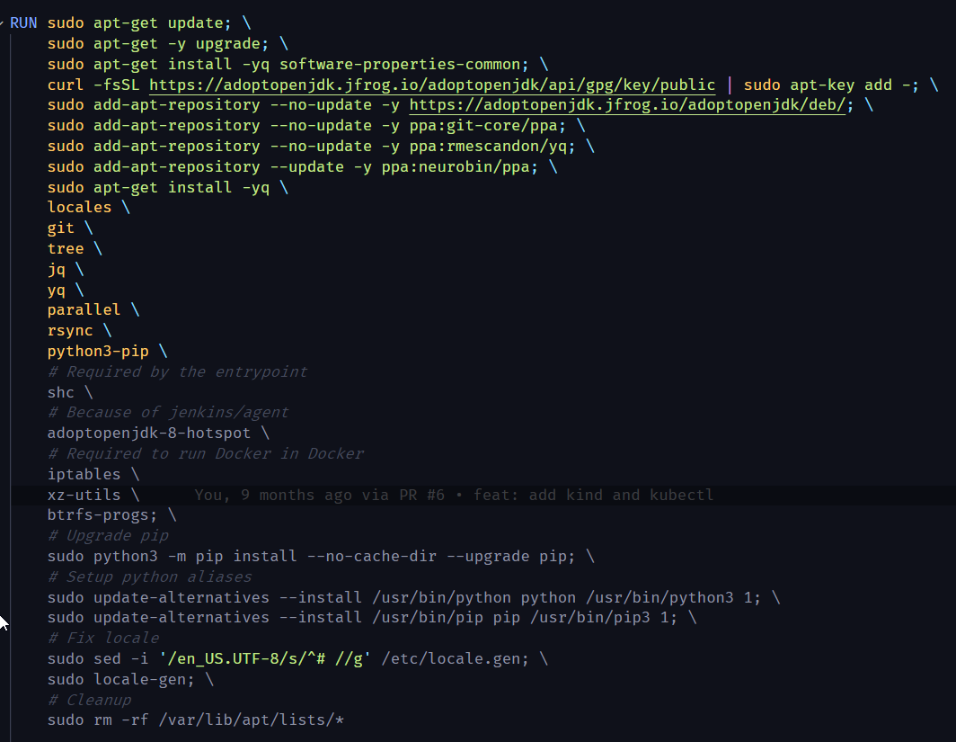 Dockerfile: comment in the middle of RUN statement prevents next line ...