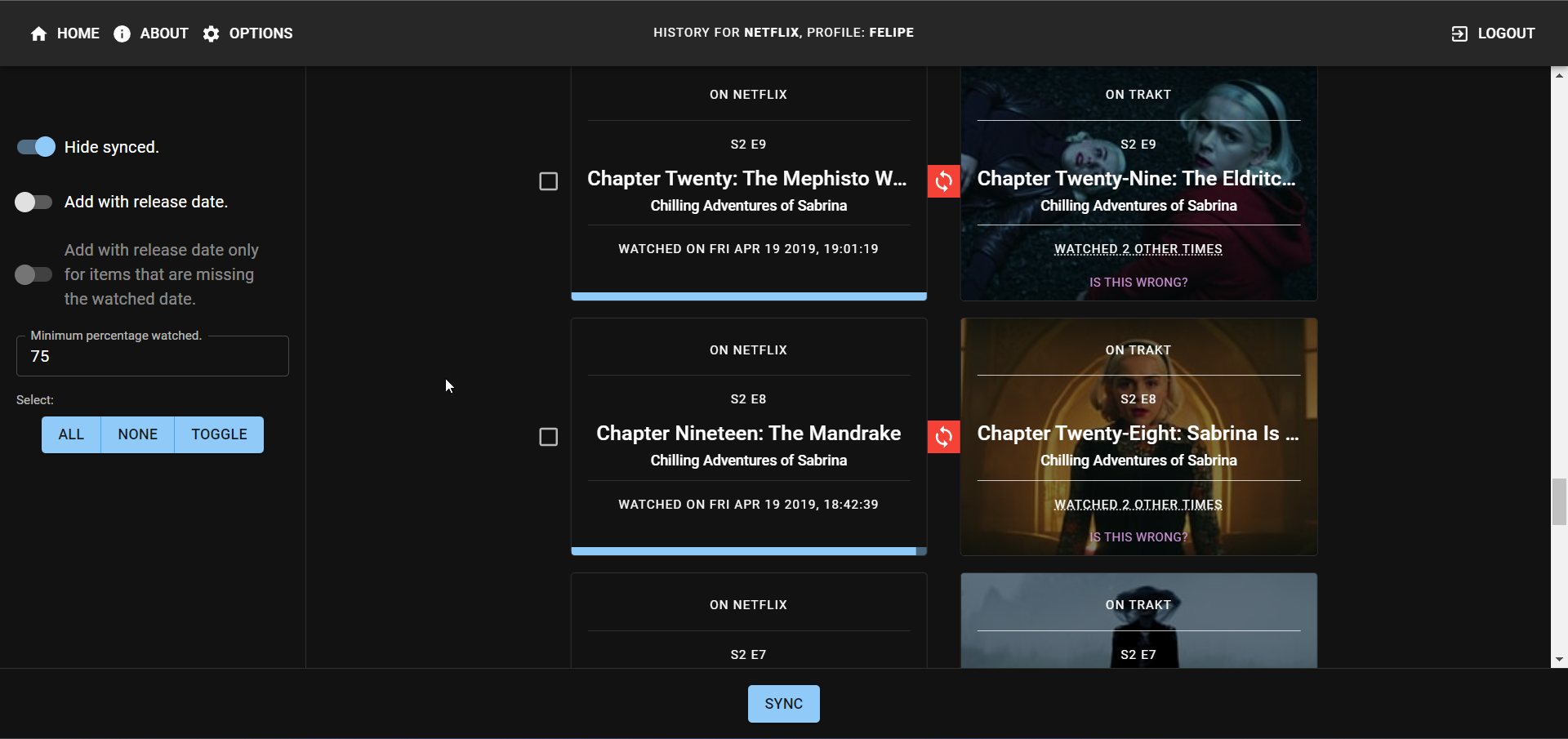 Show warning or some way to avoid selecting episodes whose names don't match when syncing ...