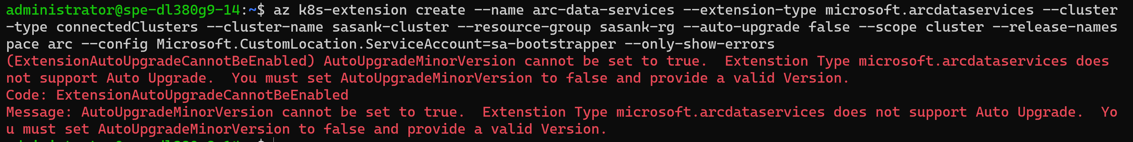 Arc data services extension creation requires a `--version` argument ...