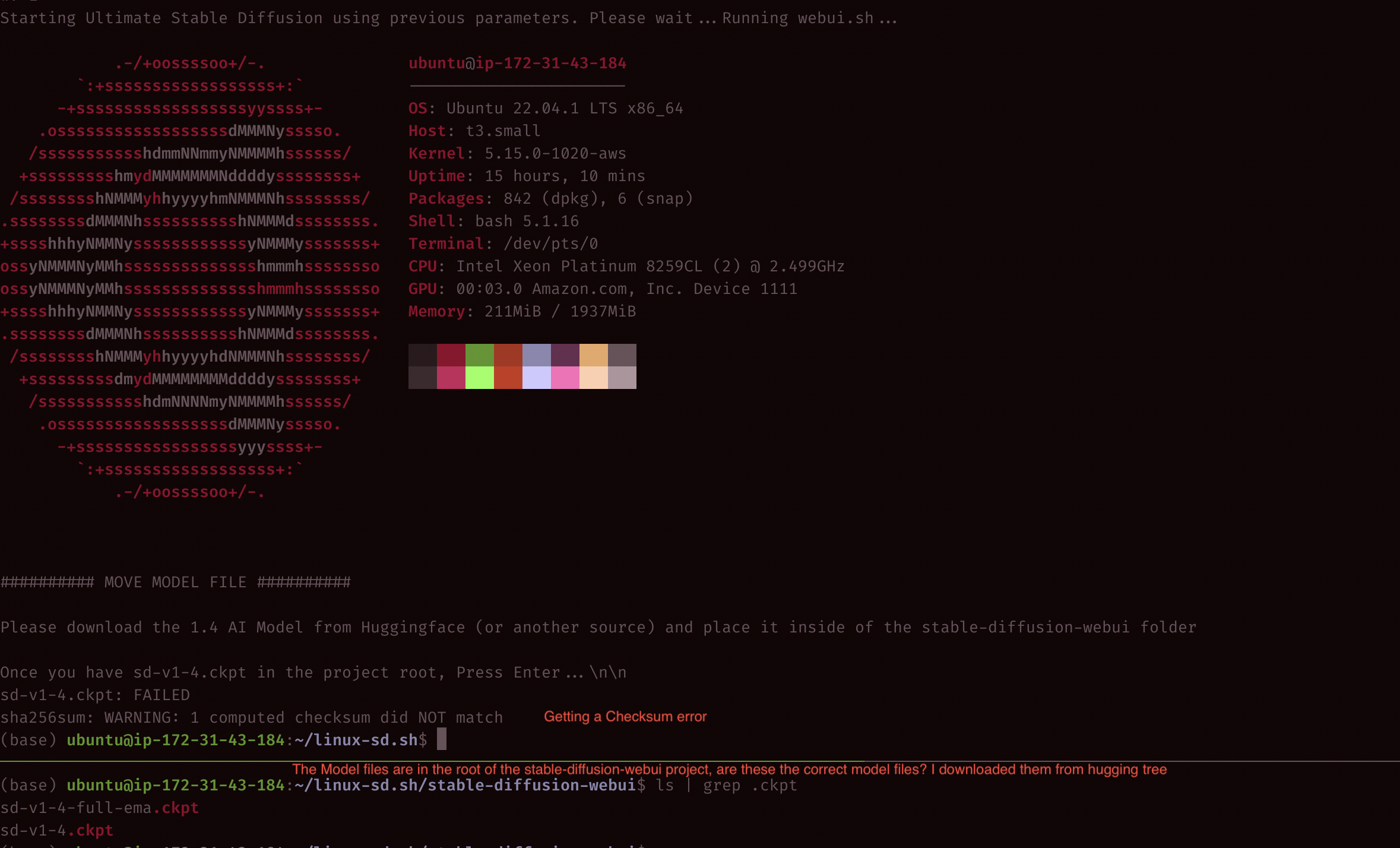 [Bug]: sd-v1-4.ckpt: FAILED sha256sum: WARNING: 1 computed checksum did NOT match · Issue #1434 ...