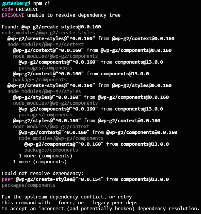 Building Gutenberg 10.2.1 fails with error "could not resolve dependency: peer @wp-g2/create ...