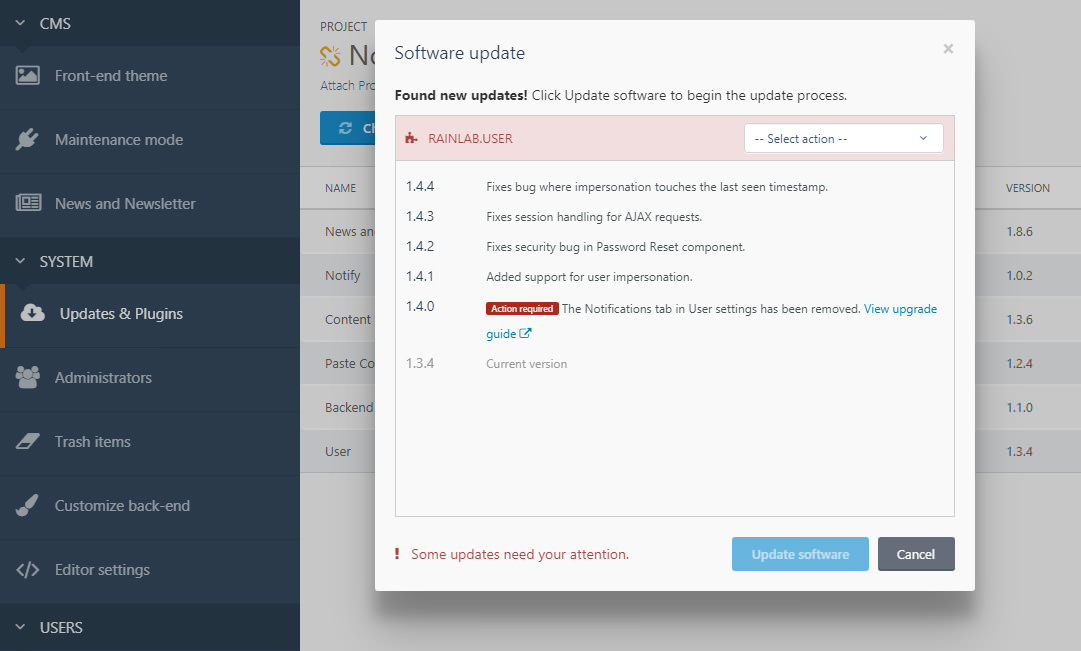 Minor issue in the Software update popup · Issue #3125 · octobercms/october · GitHub