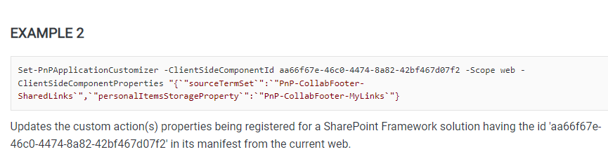 [BUG] [Documentation] Set-PnPApplicationCustomizer ClientSideComponentProperties · Issue #2109 ...