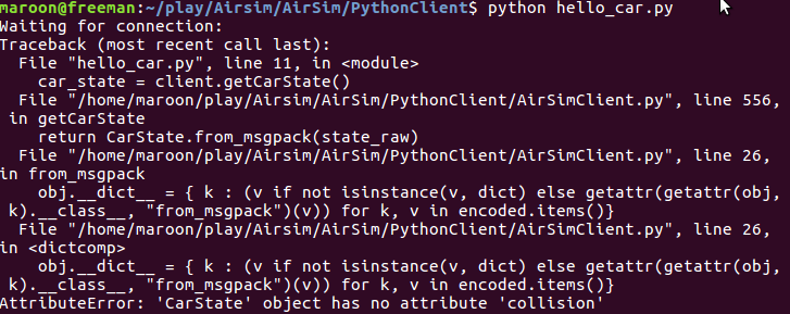 AttributeError: 'CarState' object has no attribute 'collision' · Issue #699 · microsoft/AirSim ...