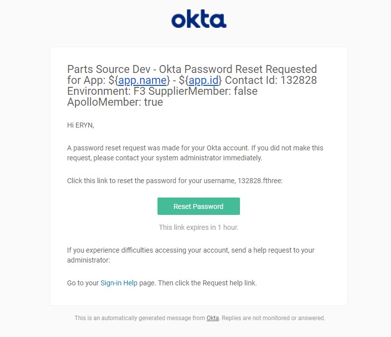 App variables do not populate in emails when "Forgot Password" is initiated from an OIE and self ...