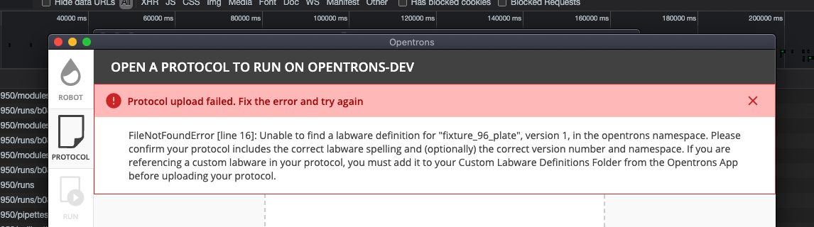 Protocol upload: Clearer error messaging needed when custom labware definition is missing ...
