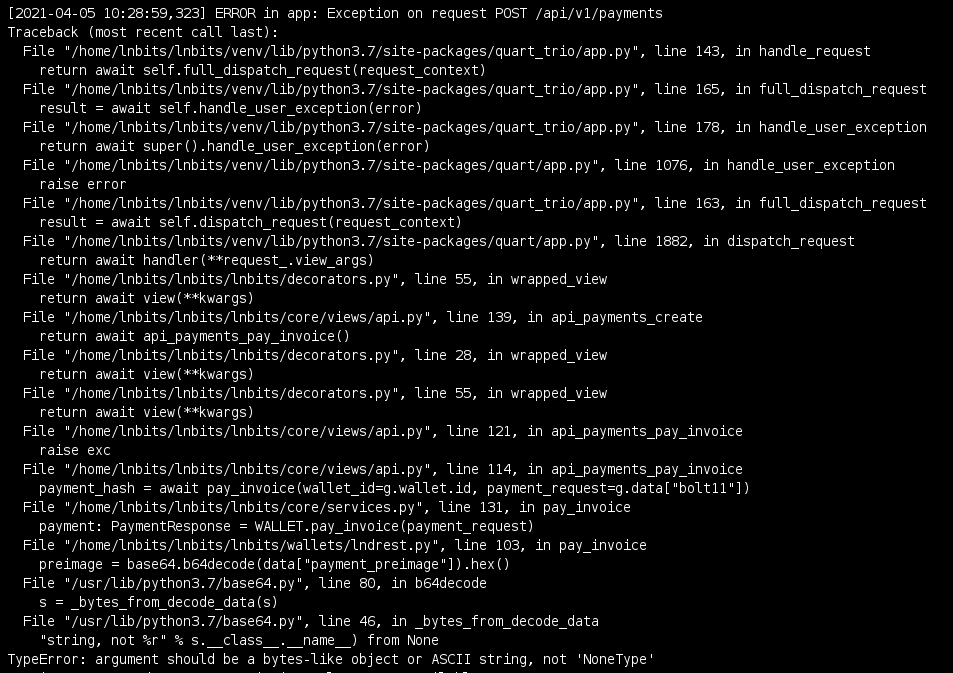 NoneType exception occured on payment · Issue #166 · lnbits/lnbits · GitHub