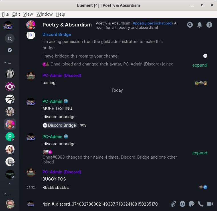 Bridge fails to create any rooms. :( · Issue #619 · matrix-org/matrix-appservice-discord · GitHub