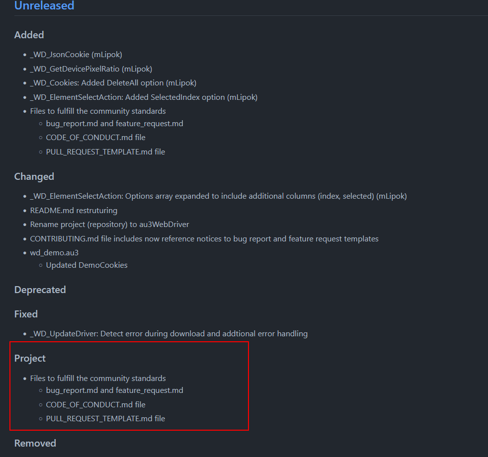New ChangeLog type for documentation or project changes? · Issue #209 · Danp2/au3WebDriver · GitHub