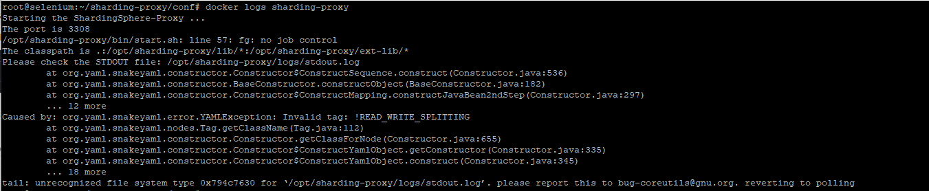 Caused by: org.yaml.snakeyaml.error.YAMLException: Invalid tag: !READ_WRITE_SPLITTING