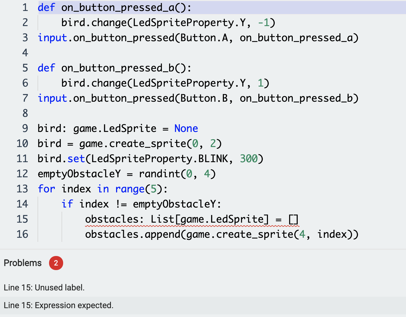Games blocks example (crashy bird) Python error · Issue #3880 · microsoft/pxt-microbit · GitHub