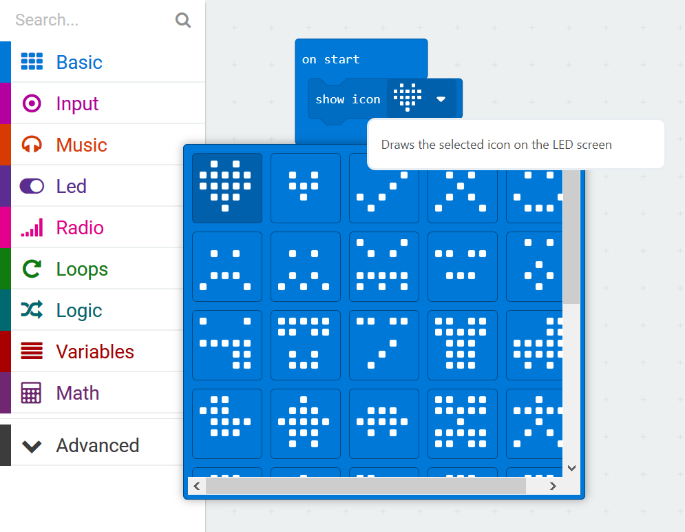 Show icon dropdown has an horizontal scrollbar · Issue #1089 · microsoft/pxt-microbit · GitHub
