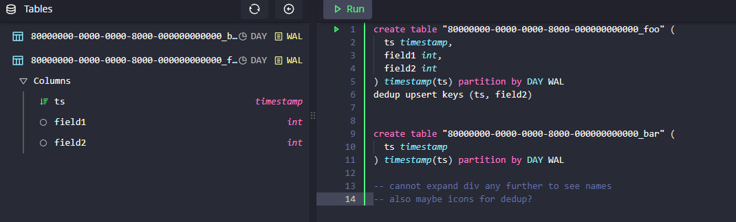 Tables Div Supports Longer Names And Dedup Information · Issue 185 · Questdb Ui · Github