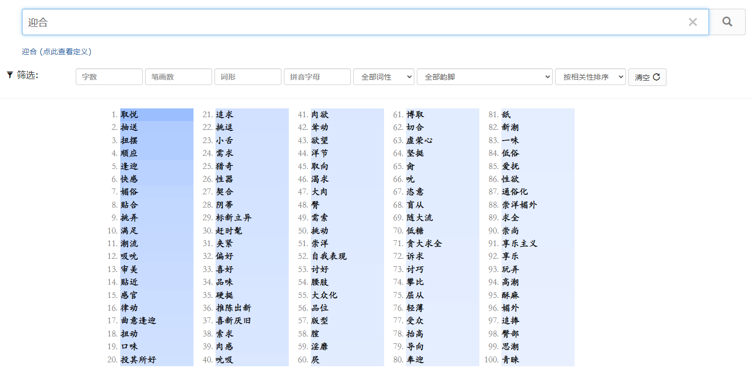 嗯……我怀疑不少网络风月文学作品入驻了训练库，而且量还很大。 · Issue #30 · thunlp/WantWords · GitHub