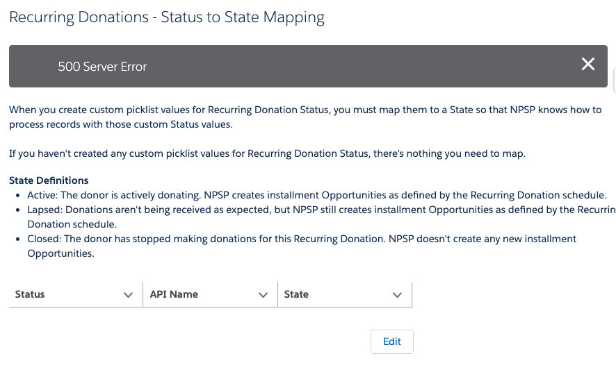 500 Server Error For Invalid Deployment Ids on Recurring Donations - Status to State Mapping ...