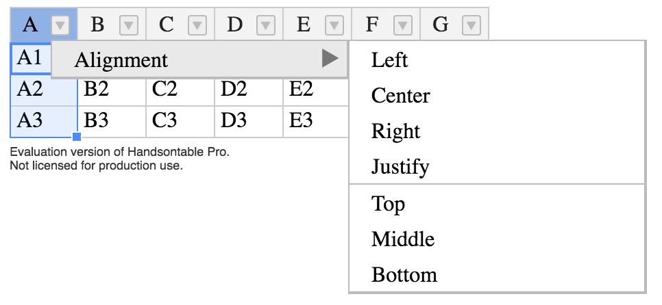 Dropdown option for just horizontal alignment? · Issue #5027 · handsontable/handsontable · GitHub