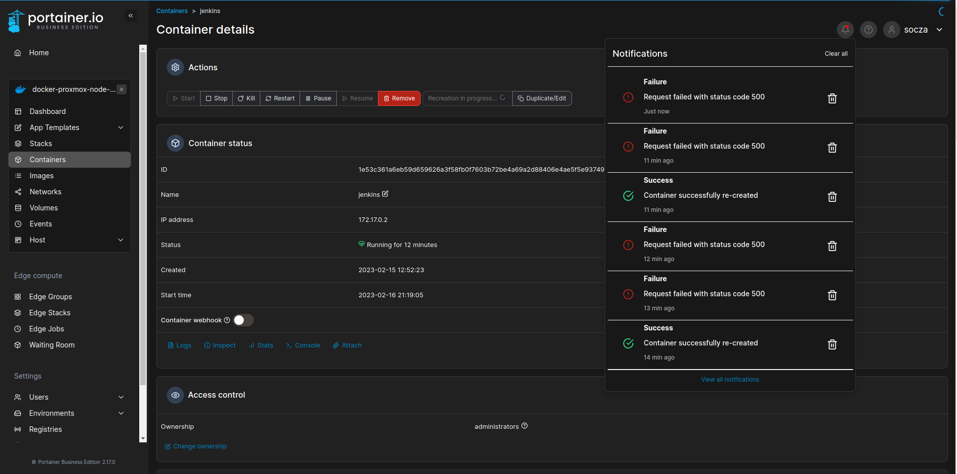Portainer 2.17.0 Business Edition no longer able to recreate containers - Error 500 · Issue ...