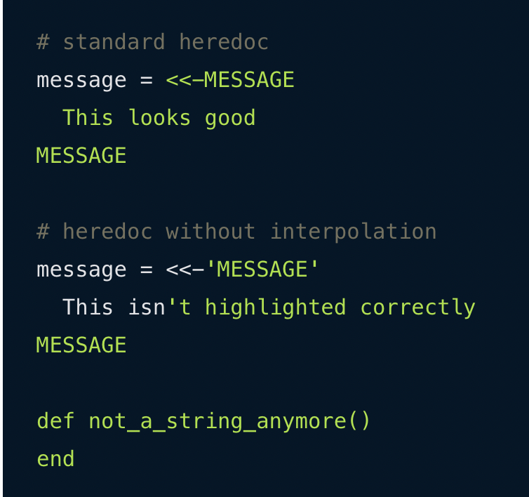 (Ruby) Heredoc without interpolation ending isn't highlighted correctly · Issue #3153 ...