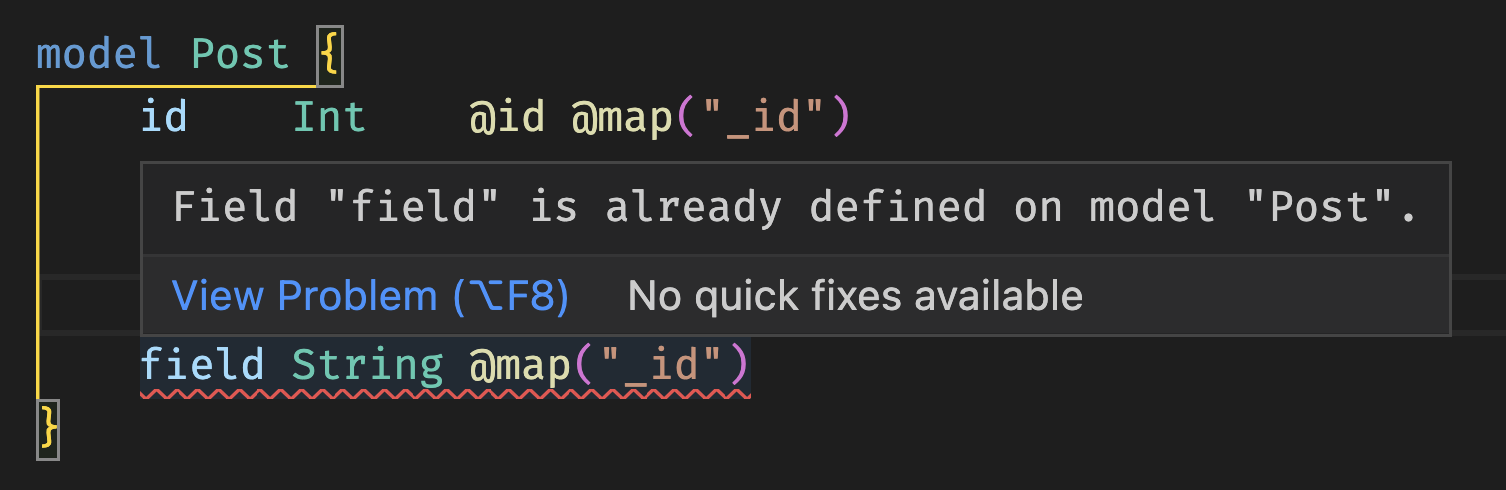Improve error message for duplicated map · Issue #1318 · prisma/language-tools · GitHub