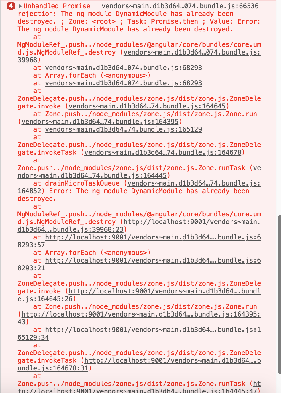 Angular & Knobs - DynamicModule has already been destroyed error appears when switching between ...