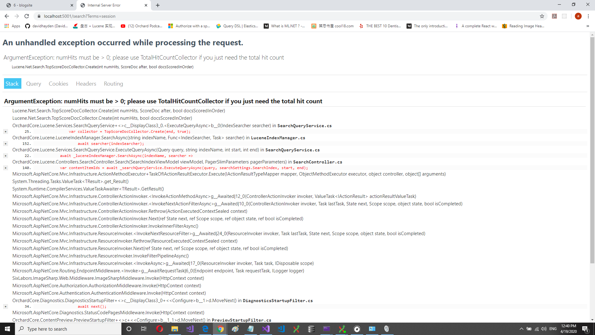 ArgumentException: numHits must be > 0; please use TotalHitCountCollector if you just need the ...
