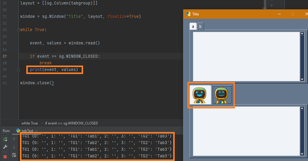 [Bug] Tabs without text do not update returned values dictionary for TabGroup when swapping ...