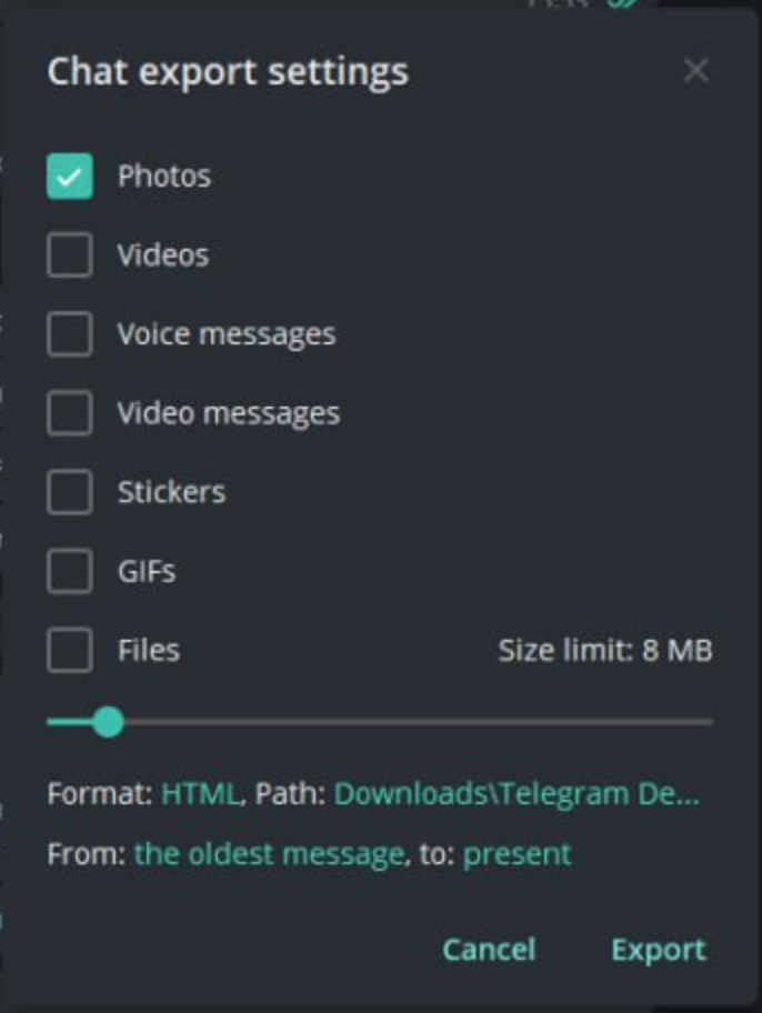 Selecting data format and path when exporting chat history is not possible on macos · Issue ...