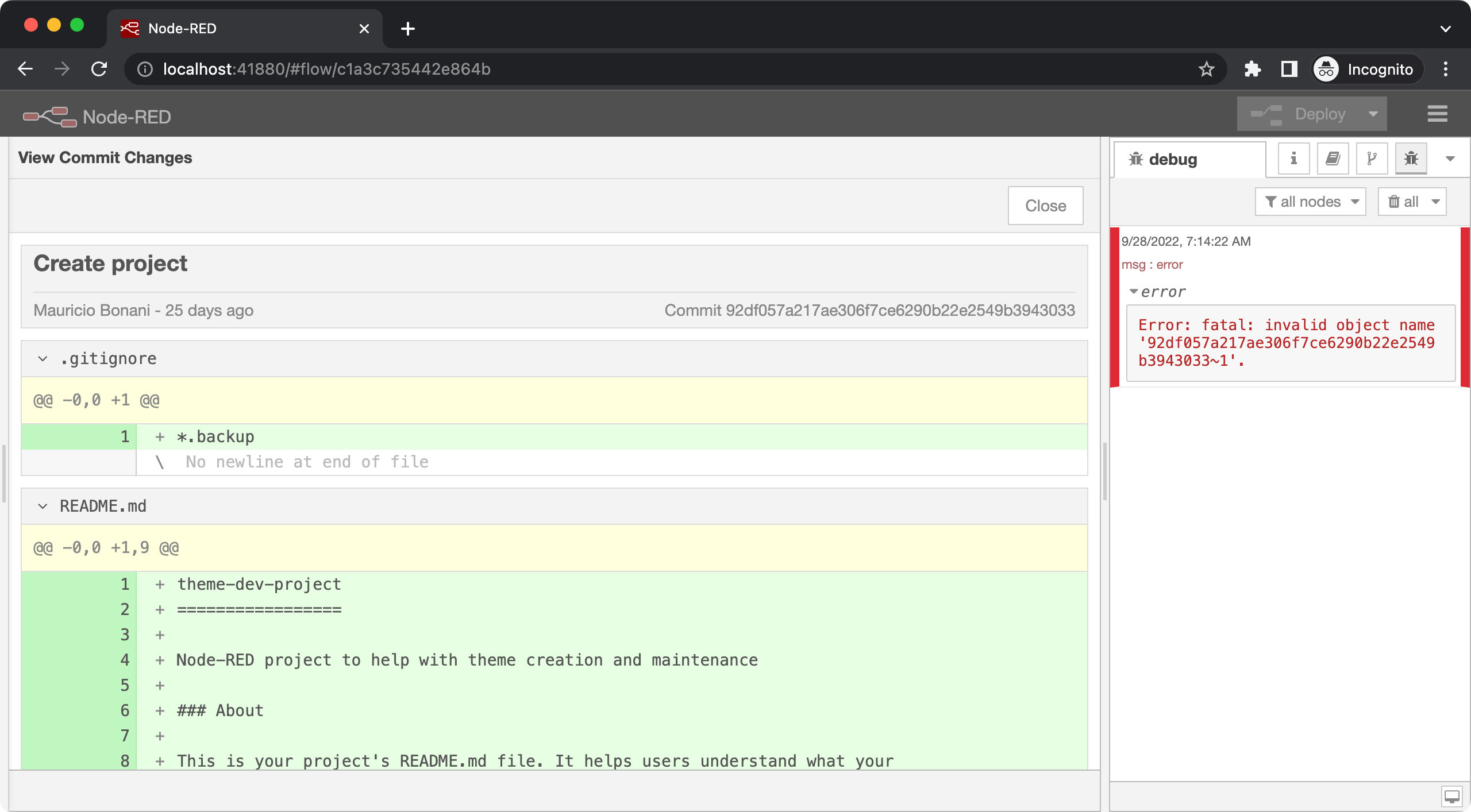 Opening the first commit in Project History throws an error · Issue #3901 · node-red/node-red ...