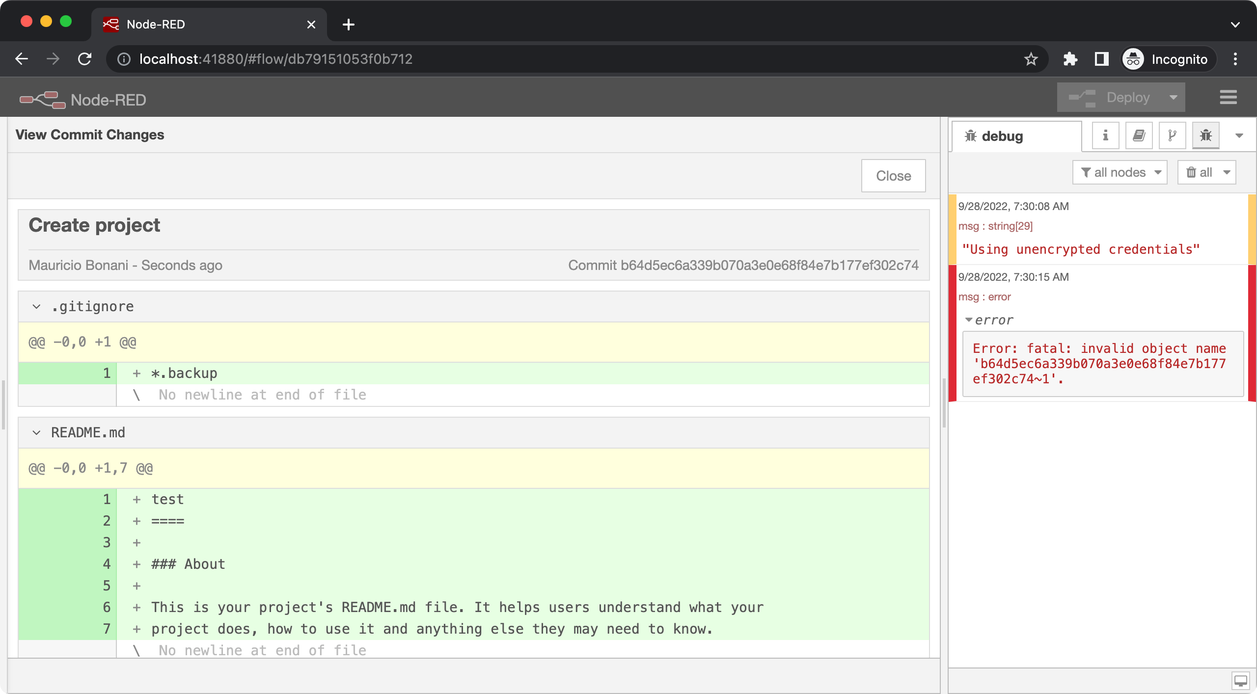 Opening The First Commit In Project History Throws An Error · Issue 3901 · Node Rednode Red