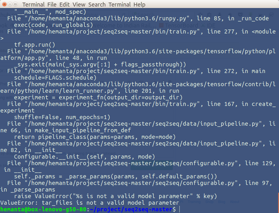 ValueError: tar_files is not a valid model parameter · Issue #303 · google/seq2seq · GitHub