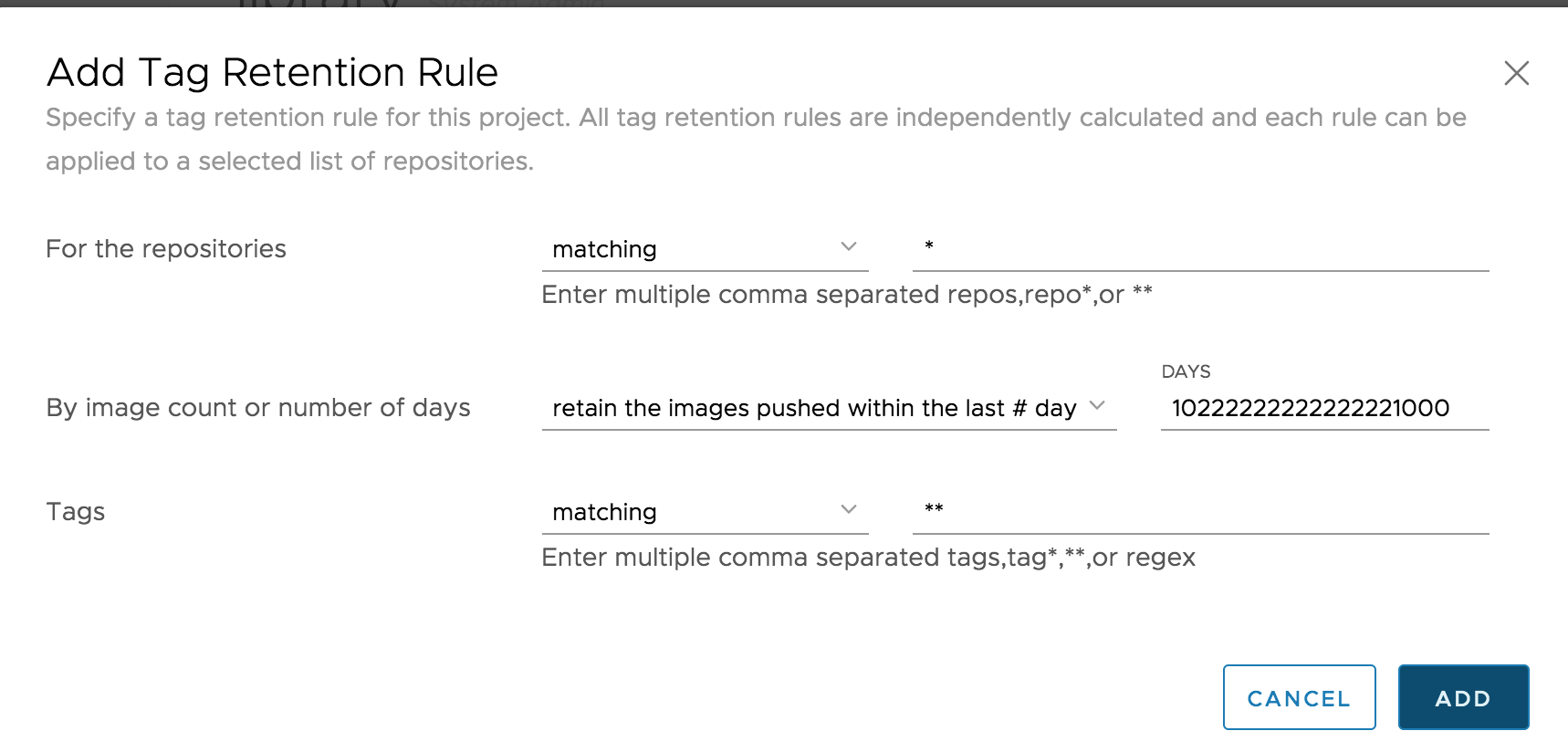 Tag Retention By image count or number of days should has limited days ...