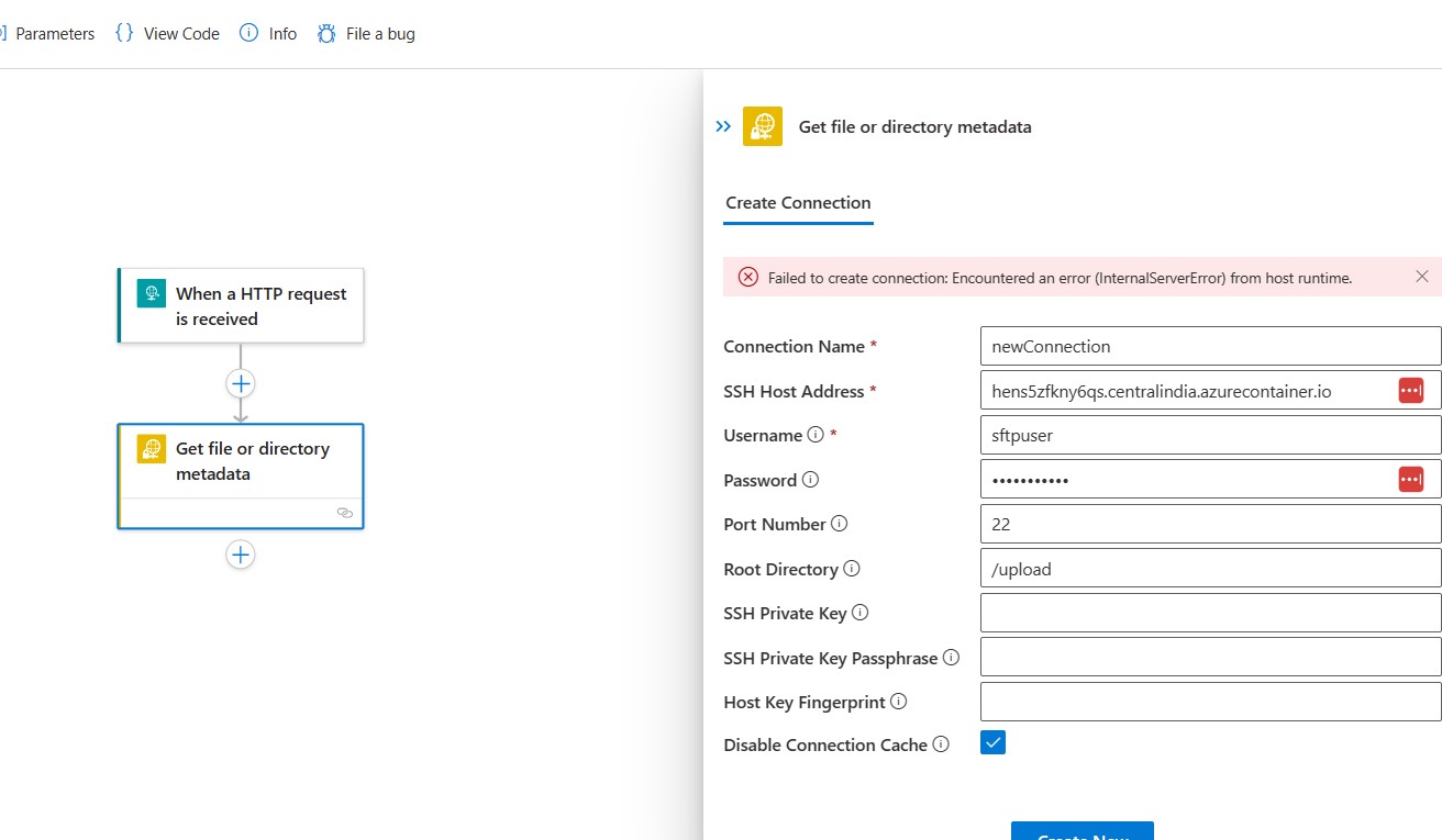 Error in test connection for SFTP: "Failed to create connection ...
