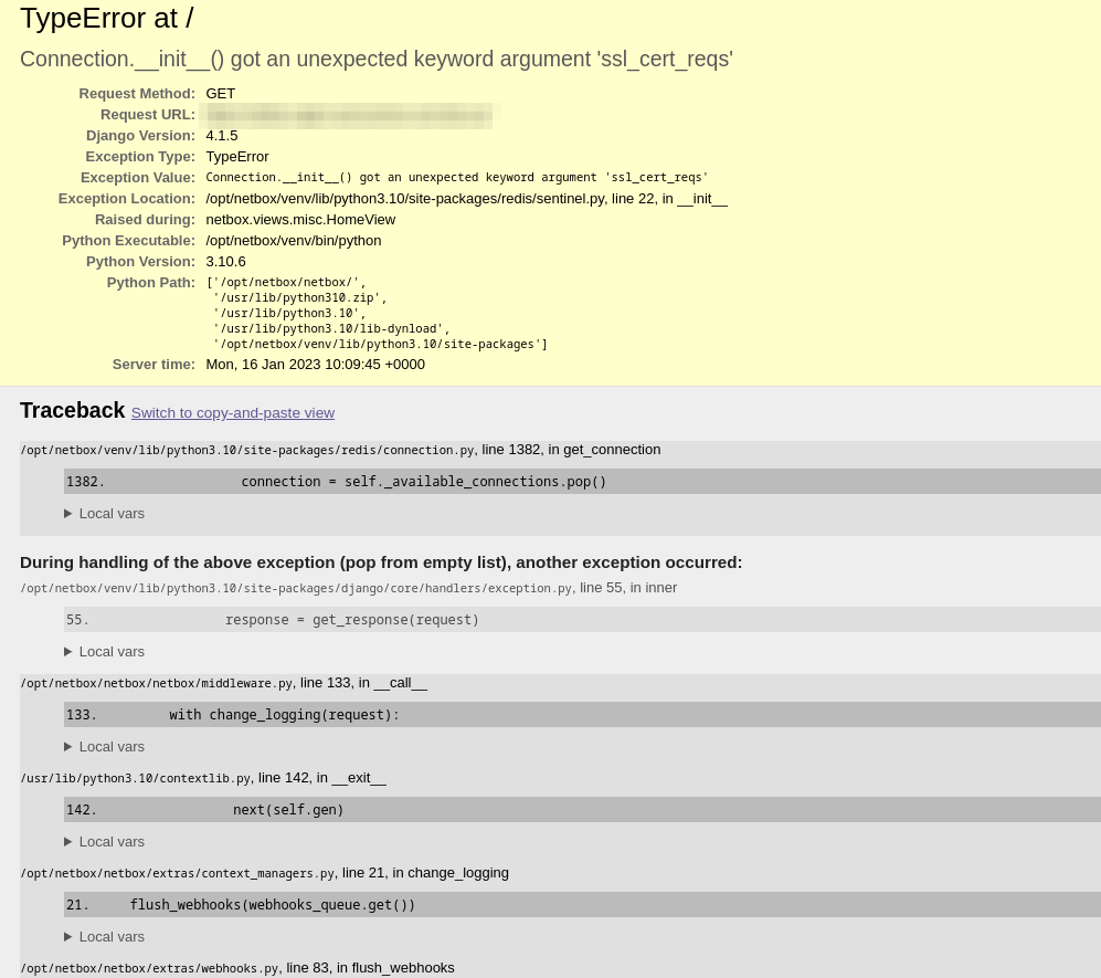 Django error when running on openshift Connection.__init__() got an unexpected keyword argument ...