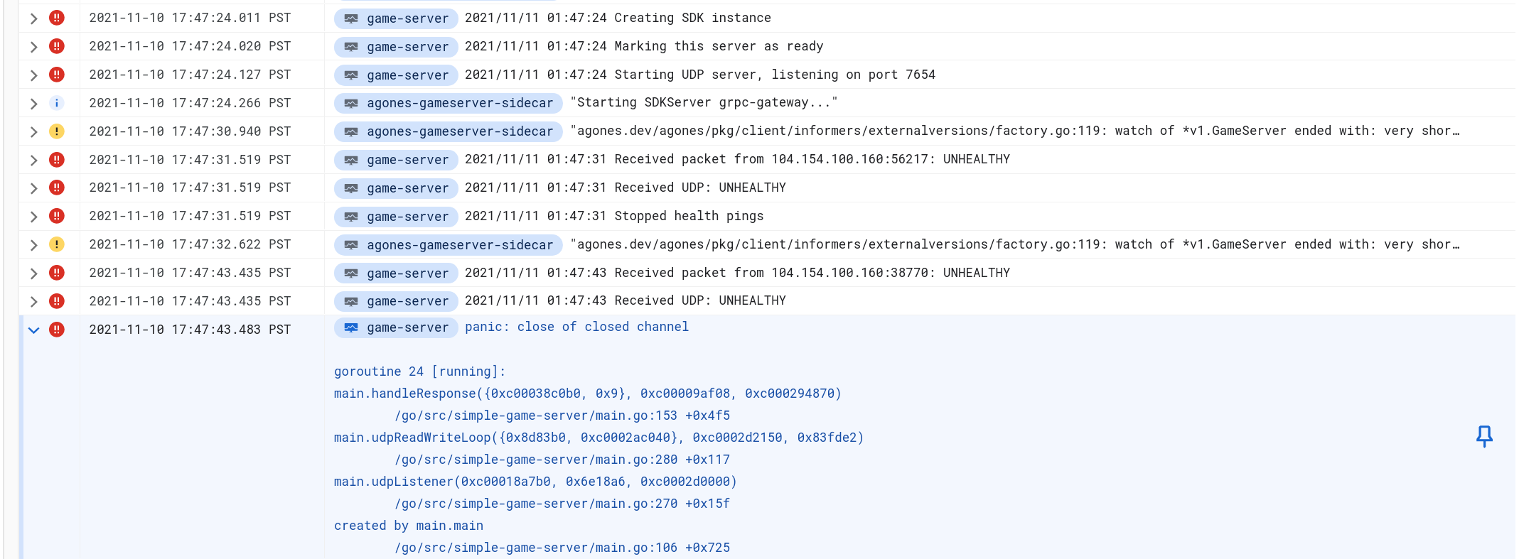 panic in simple-game-server on second UNHEALTHY message · Issue #2366 · googleforgames/agones ...