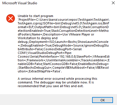 Unexpected exception during attach in VS 2022 · Issue #2169 · CosmosOS/Cosmos · GitHub