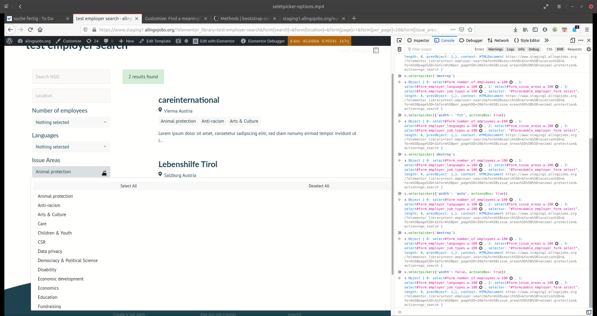 Selectpicker On Select With Class W 100 Leads To Unexpected Behavior