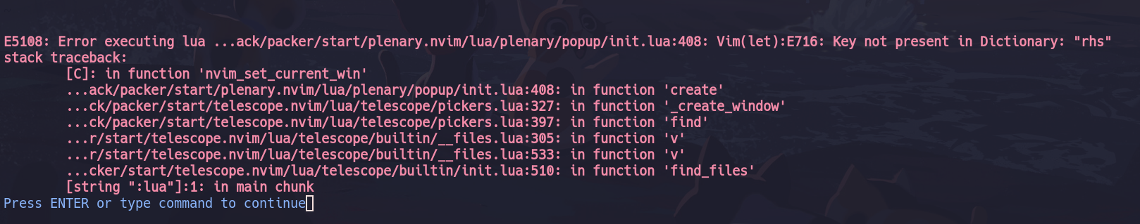 random "key not present in dictionary rhs" error when opening telescope · Issue #2162 · nvim ...