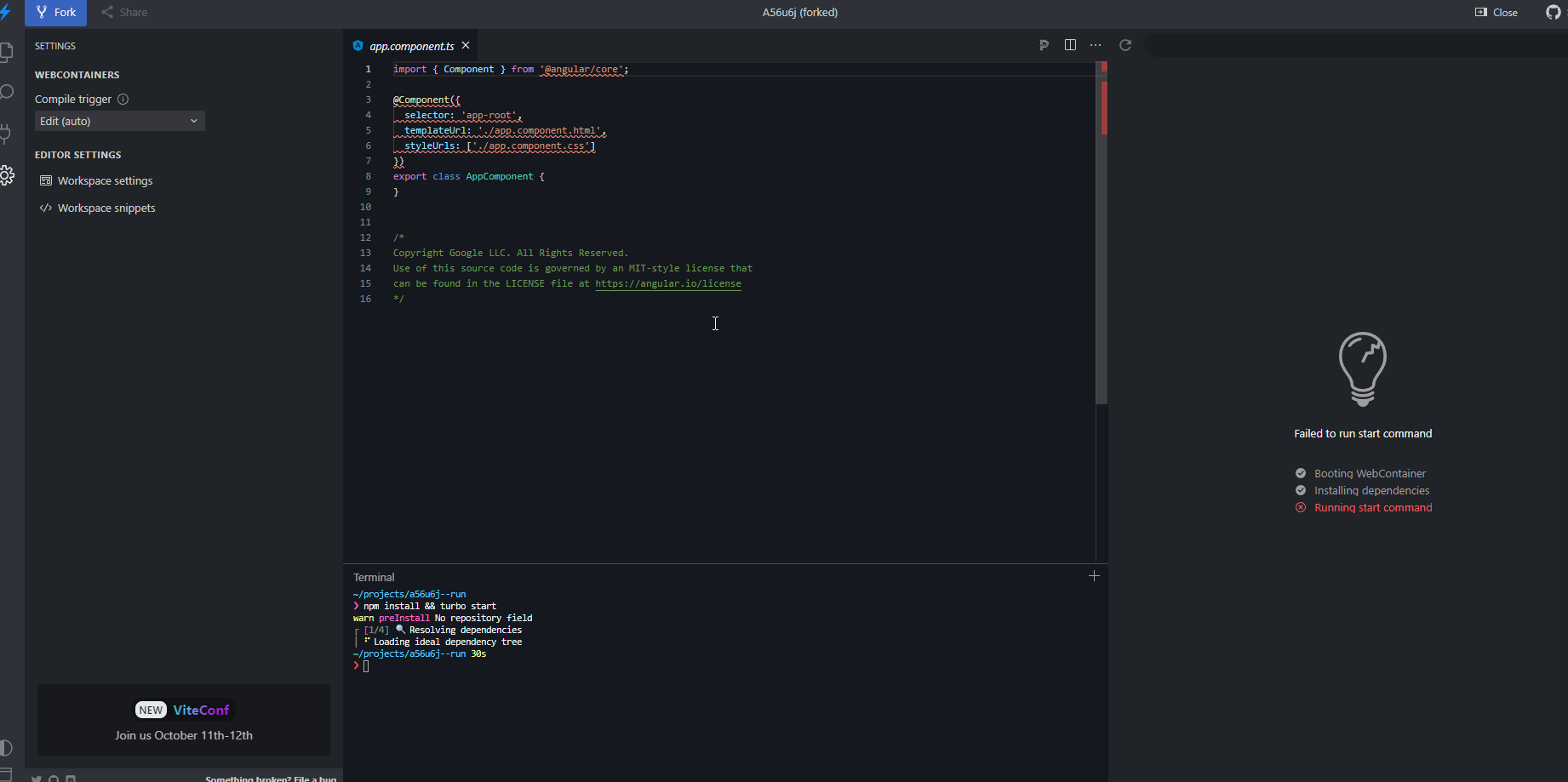 Failed To Run Start Command · Issue 777 · Stackblitz Webcontainer Core · Github