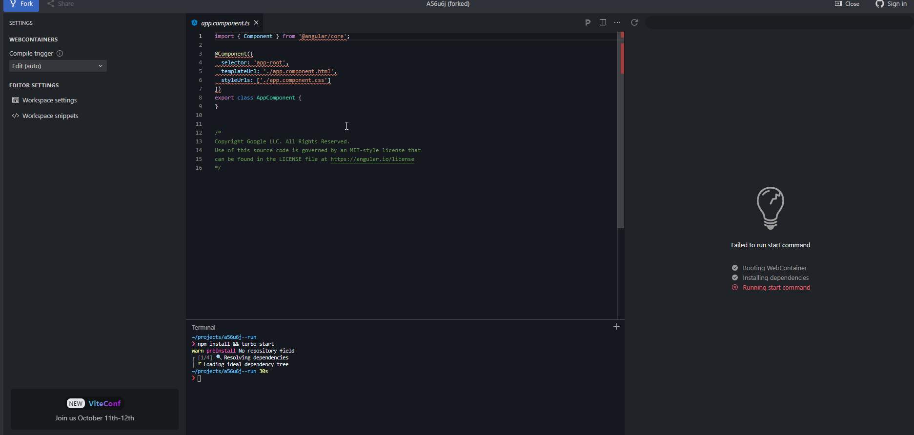 Failed to run start command · Issue #777 · stackblitz/webcontainer-core · GitHub