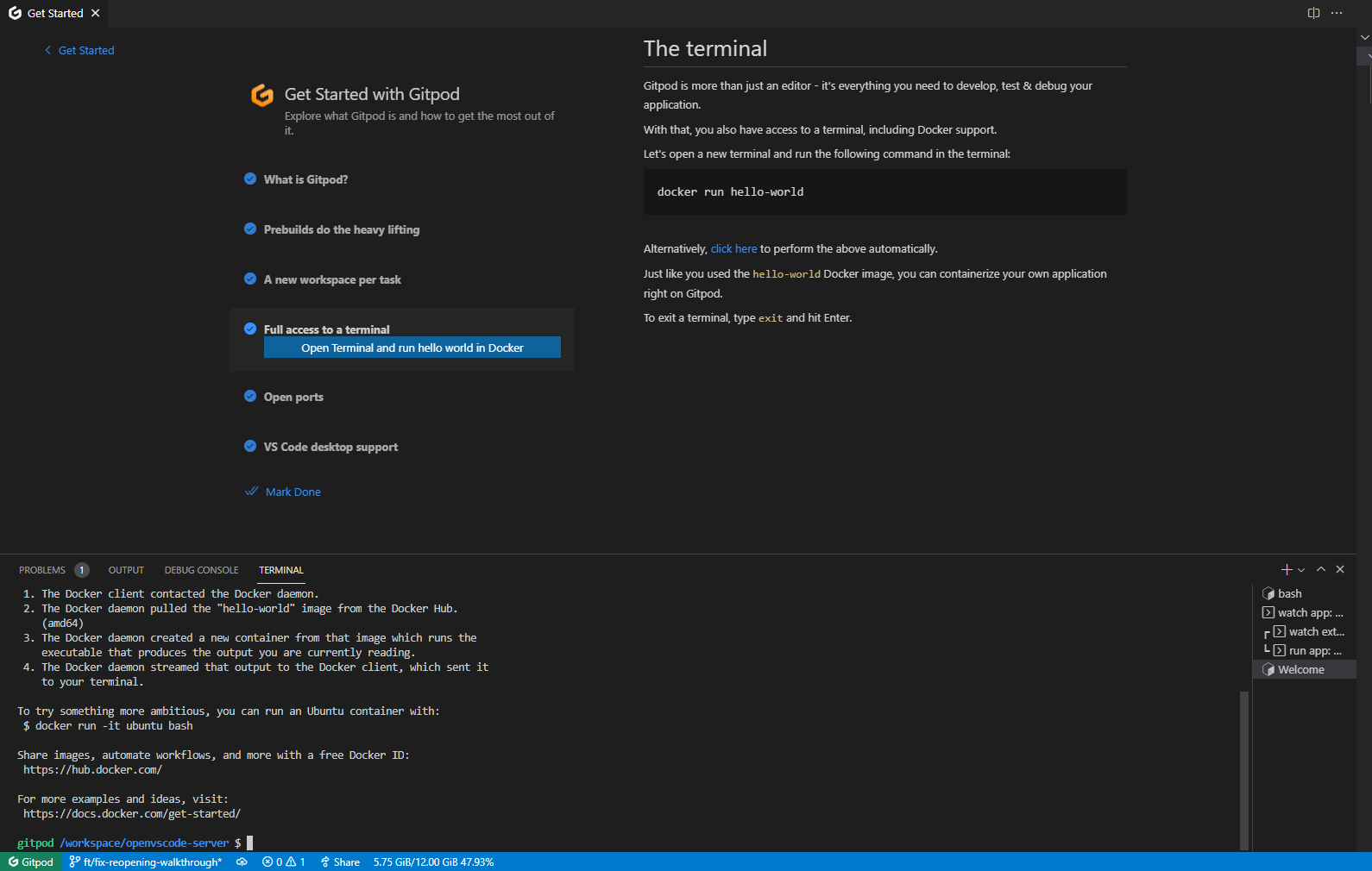 Command links don't work in the in-workspace onboarding · Issue #6246 · gitpod-io/gitpod · GitHub